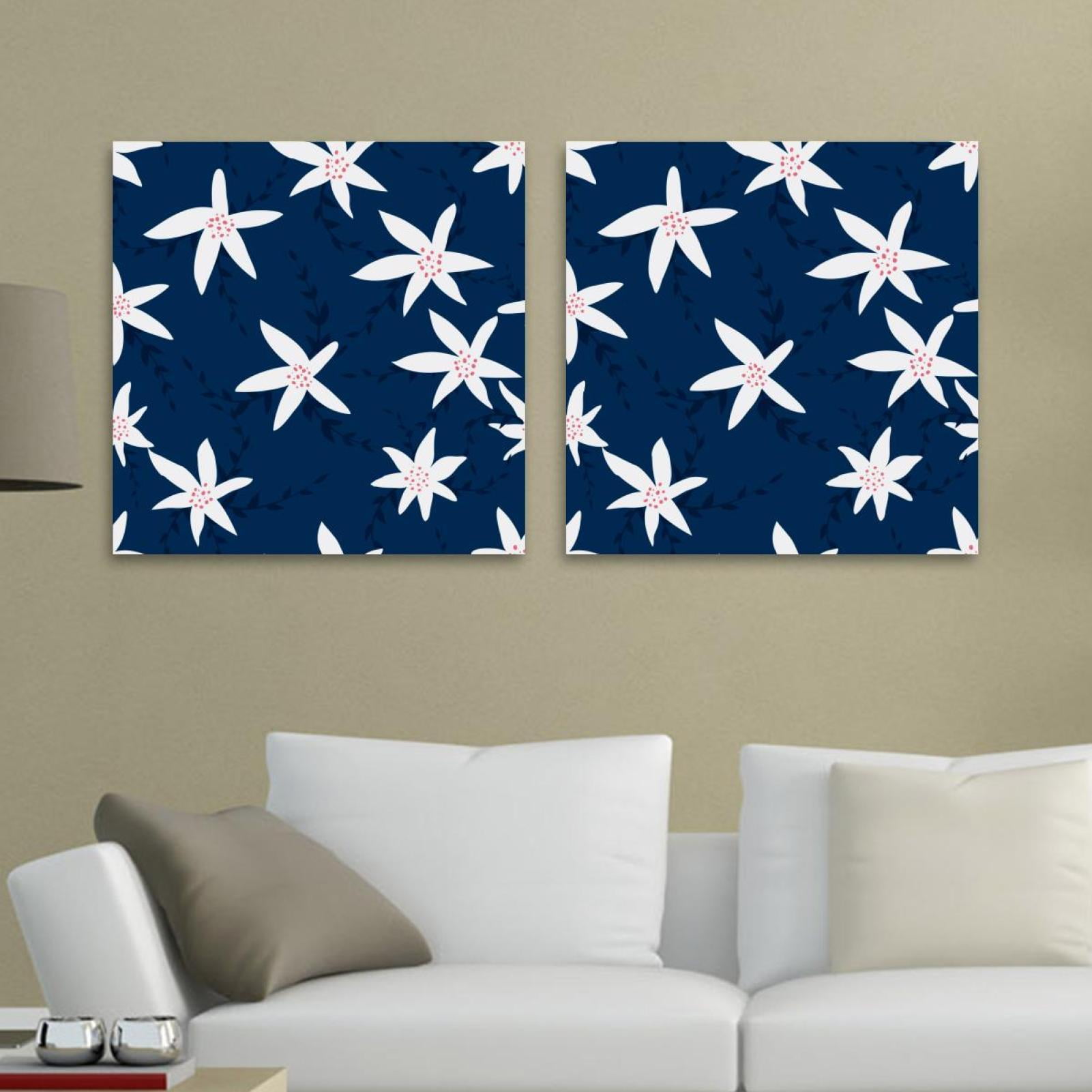 OWNSERIES White Flowers Pattern Navy Background Pattern 2PC Canvas Wall ...