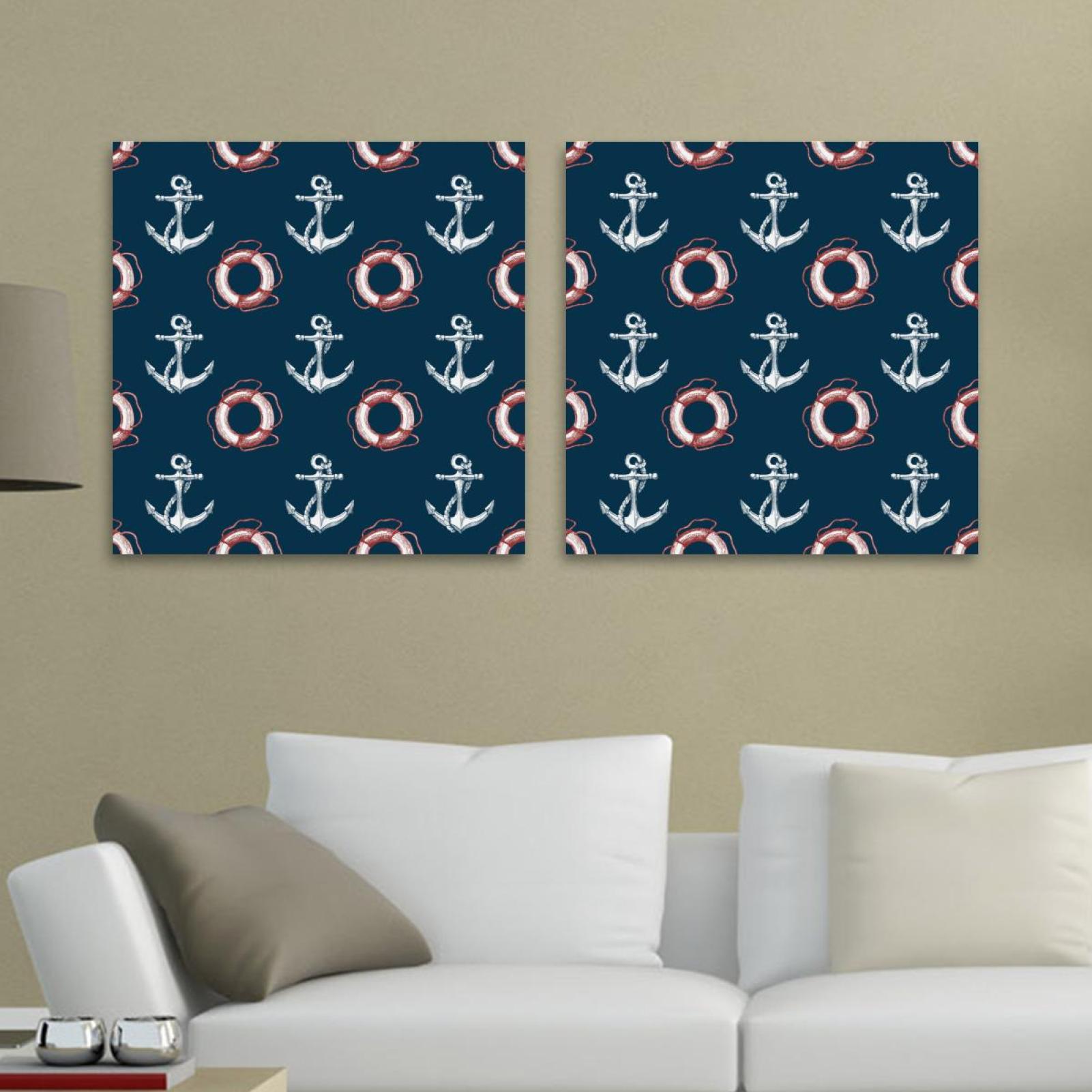 OWNSERIES White Ship Anchor Lifebuoy Navy Pattern 2PC Canvas Wall Art ...