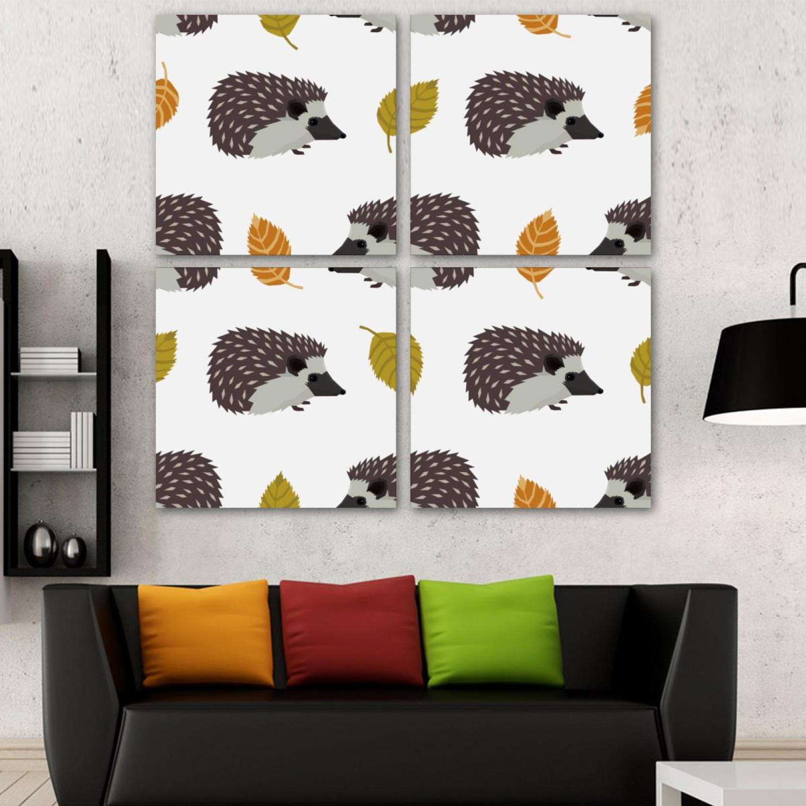 OWNSERIES Wild Animals Cute Hedgehogs Leaves Pattern 4PC Frameless Canvas Wall Art Paintings for ...