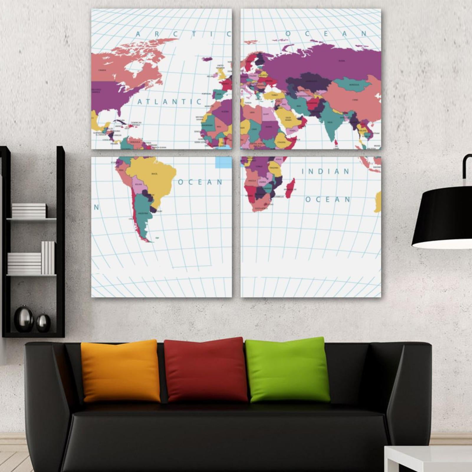 OWNSERIES World Colored Map Pattern 4PC Frameless Canvas Wall Art ...