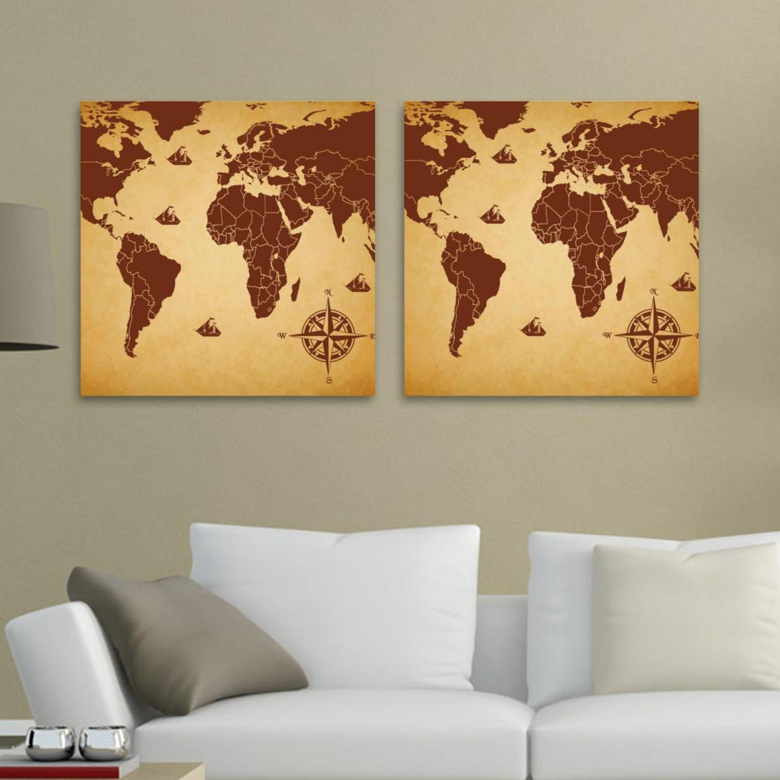OWNSERIES World Map Brown Compass Pattern 2PC Canvas Wall Art Paintings ...