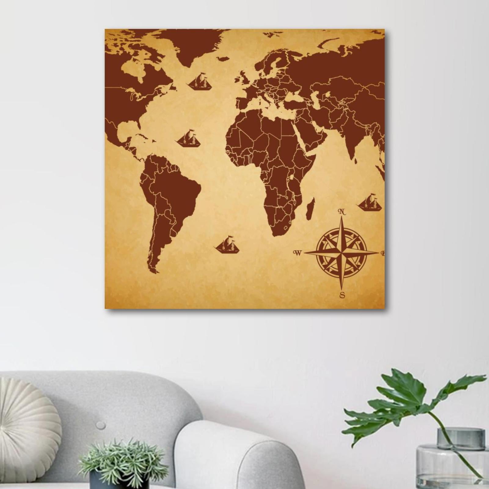 OWNSERIES World Map Brown Compass Pattern Canvas Wall Art Paintings for ...