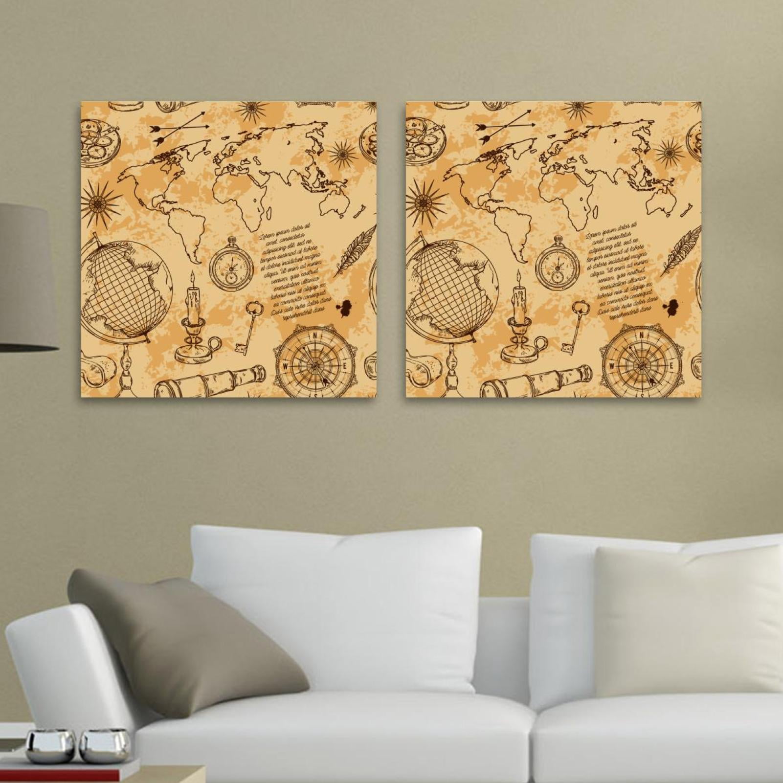 OWNSERIES World Map Compass Pattern 2PC Canvas Wall Art Paintings for ...
