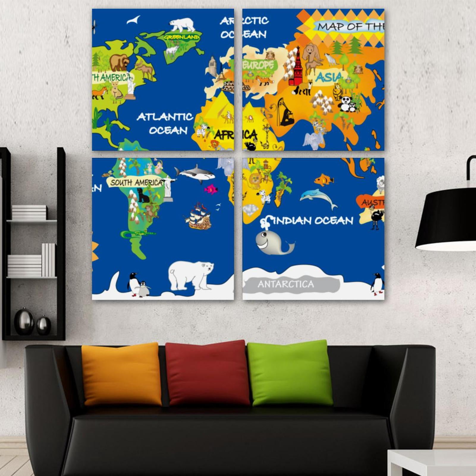 OWNSERIES World Map Pattern 4PC Frameless Canvas Wall Art Paintings for ...