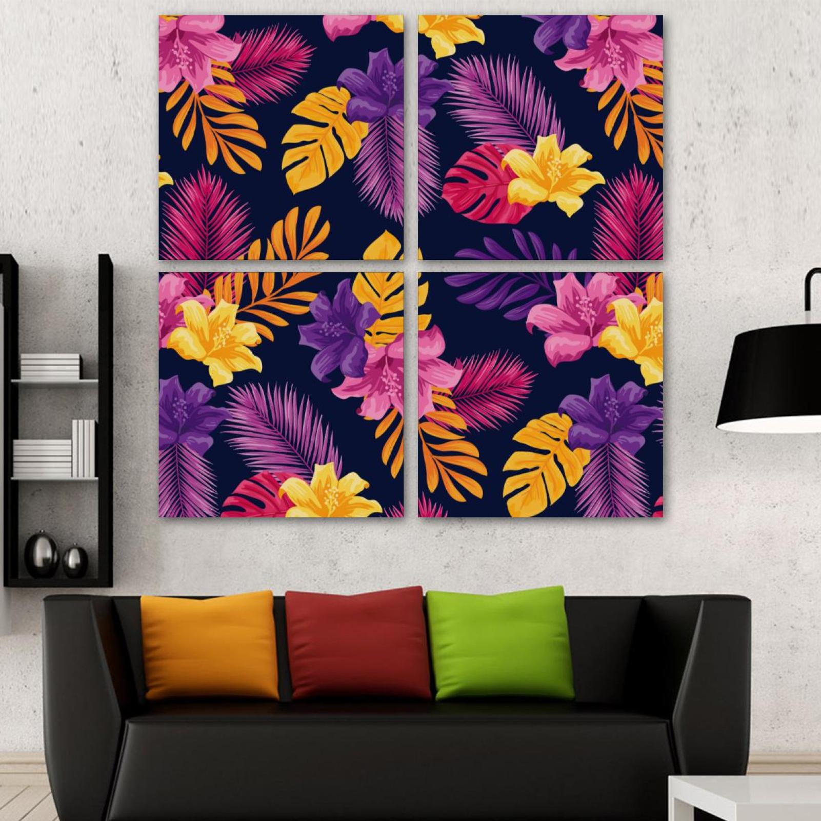 OWNSERIES Yellow Purple Pink Leaves Floral Pattern 4PC Frameless Canvas Wall Art Paintings for ...