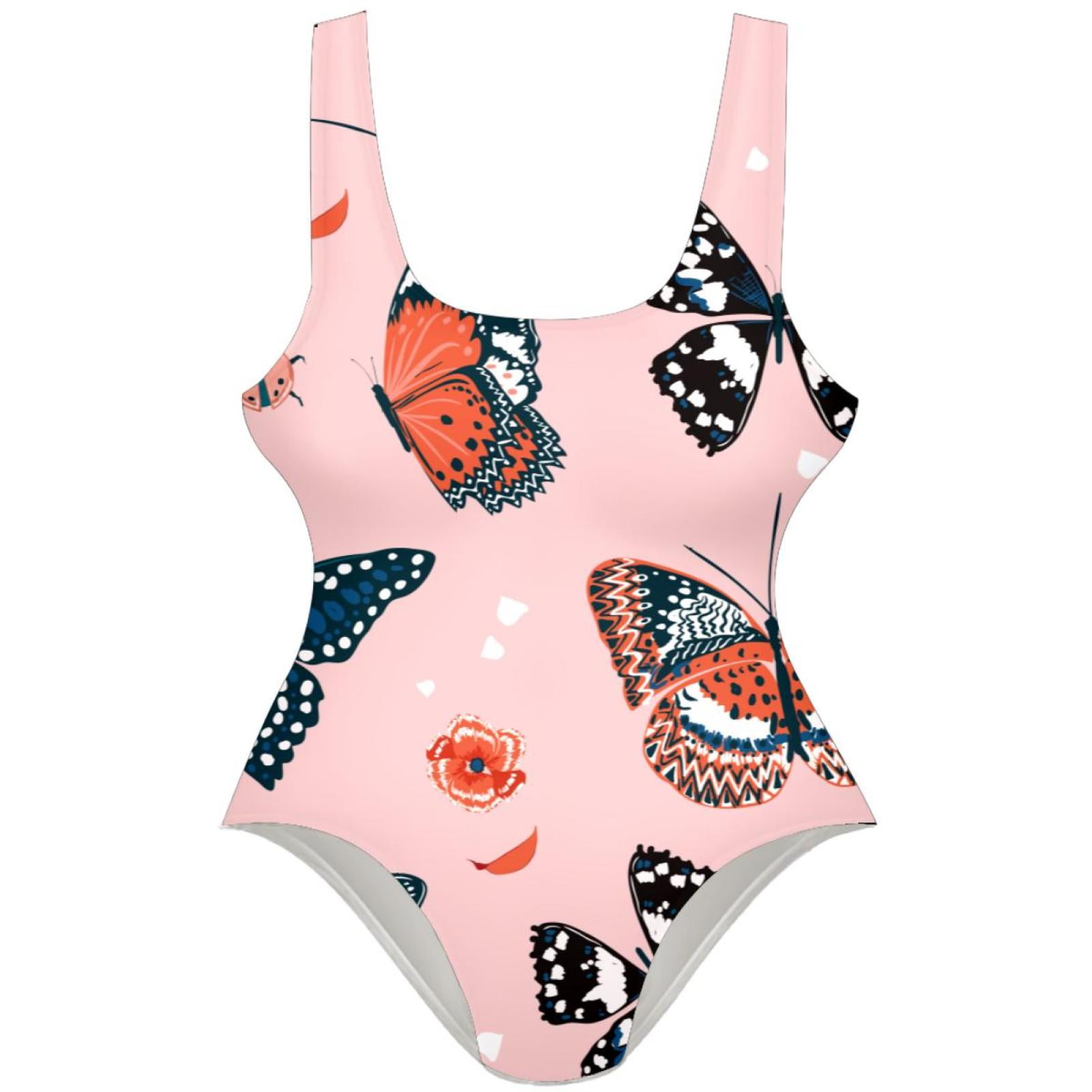 Ownsummer Pink Butterfly Beetle Pattern Stylish One Piece Swimsuit For