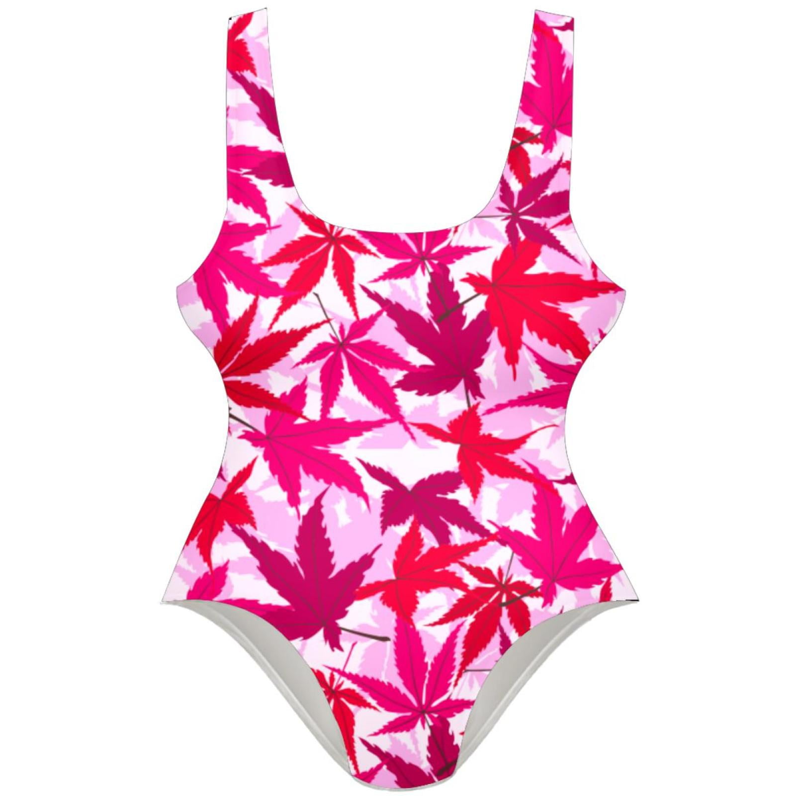 OWNSUMMER Japanese Watercolor Pink Maple Leaf Pattern Stylish One-Piece ...