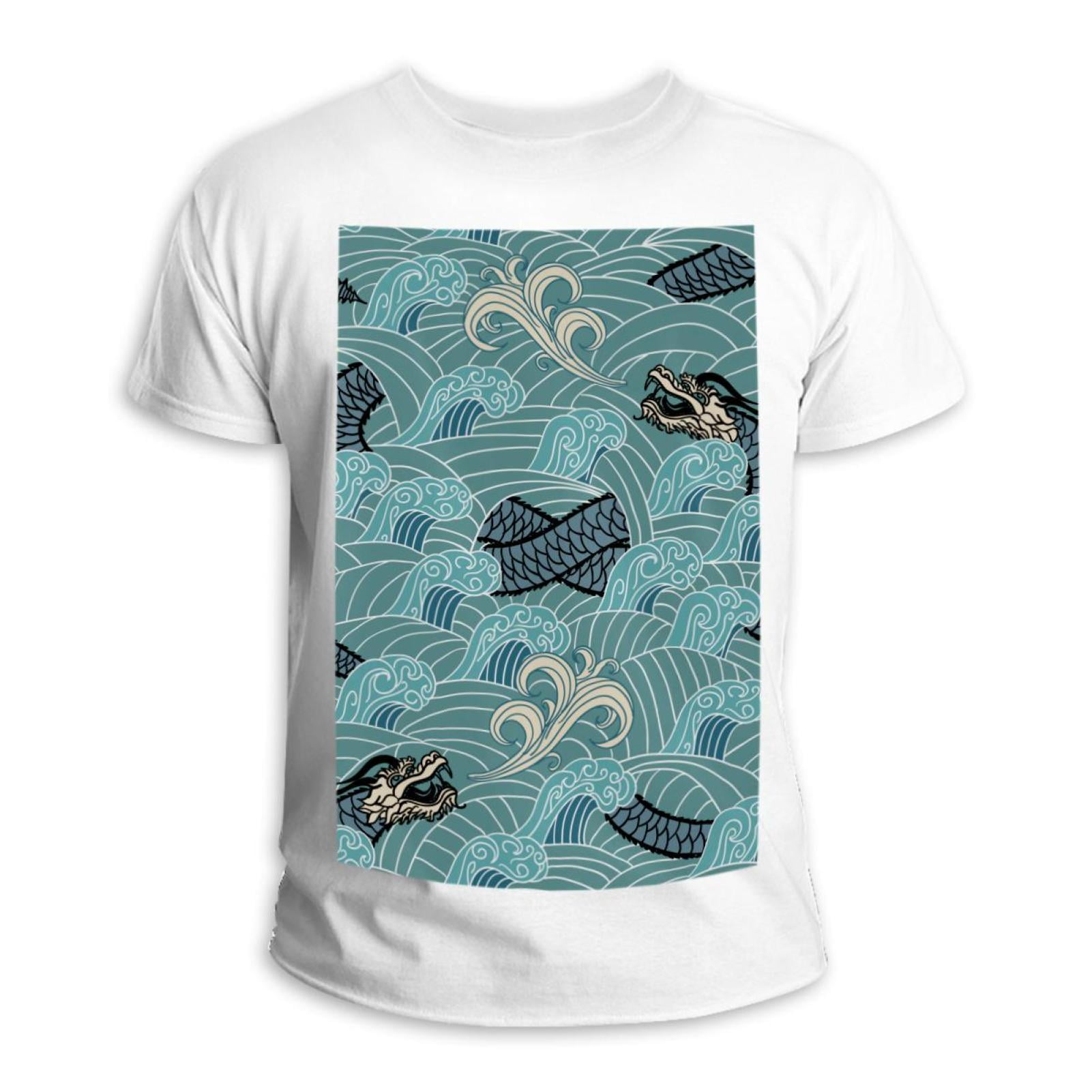Ownsummer Oriental Blue Dragon In Wave Premium Pattern Cotton White T