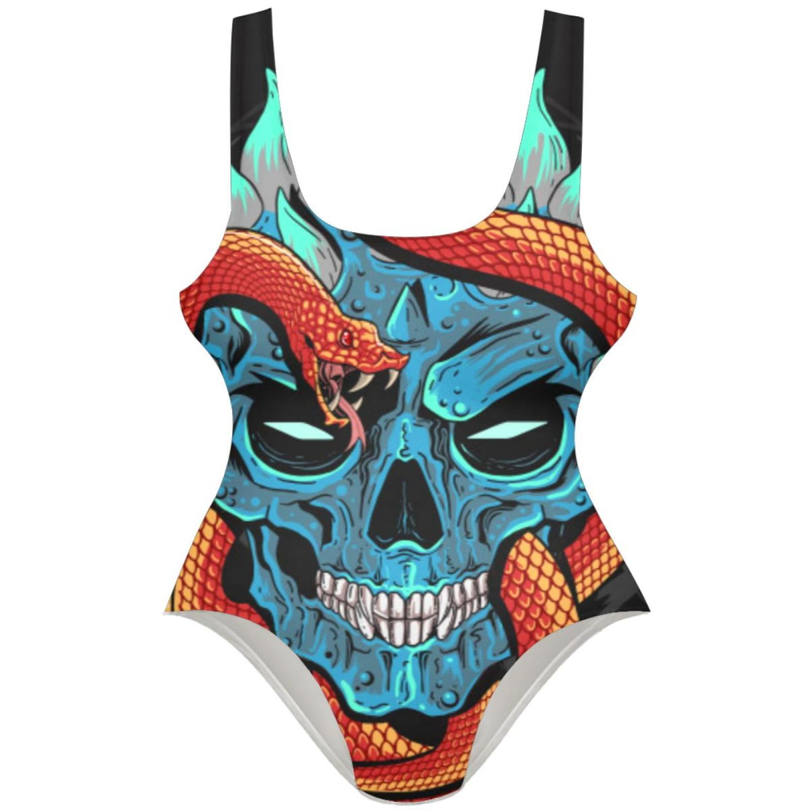 OWNSUMMER Skull Head Pattern Stylish One-Piece Swimsuit for Women, 80% ...