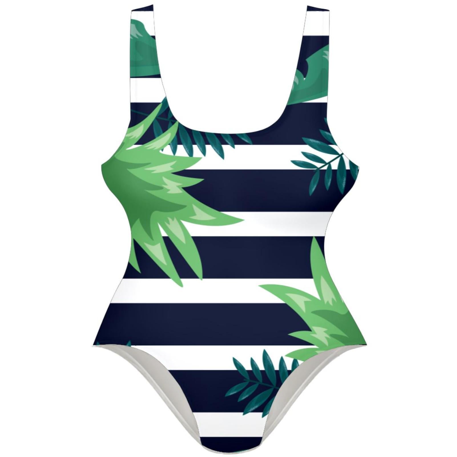 Ownsummer Tropical Leaves Stripe Pattern Stylish One Piece Swimsuit For