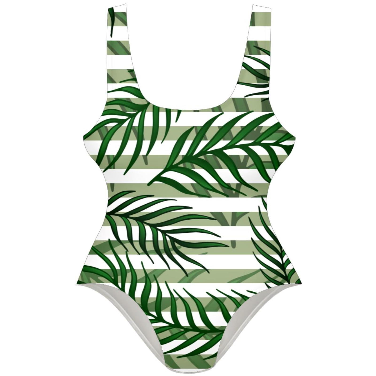 Ownsummer Tropical Leaves White Green Striped Pattern Stylish One Piece