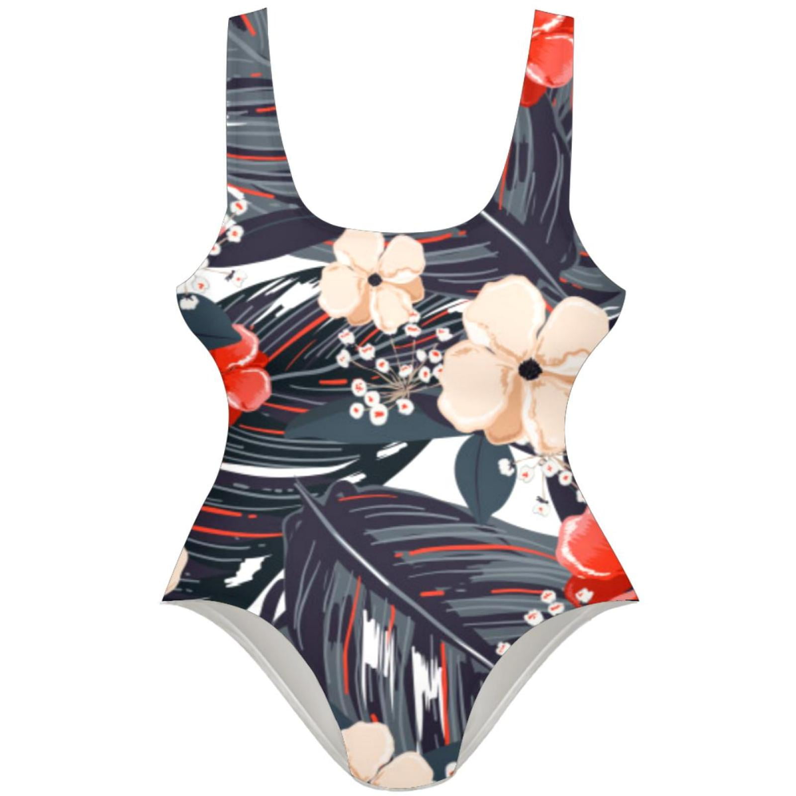 Ownsummer Tropical Leaves With Red Flower Pattern Stylish One Piece