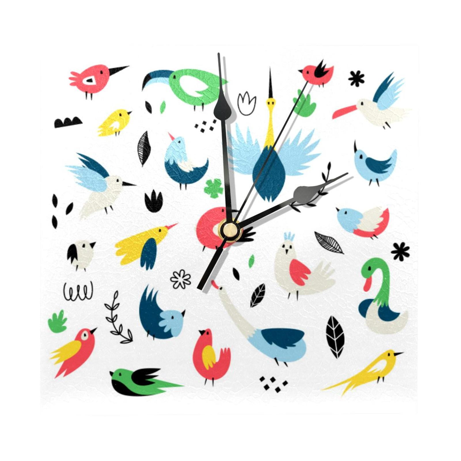OWNTA Birds Pattern Wood Square Wall Clock, 7.87 in, Silent Non-Ticking ...
