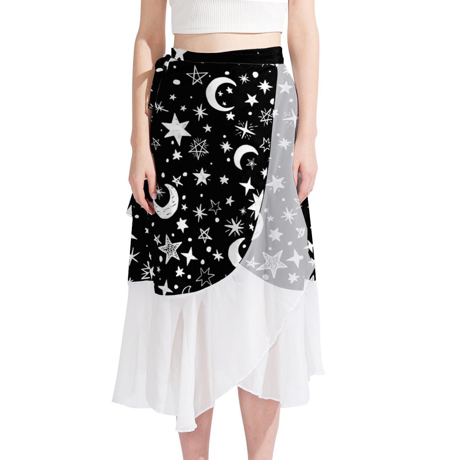 OWNTA Black White Moon Stars Design Pattern Stunning Chiffon Beach Skirts: Women's Breathable ...