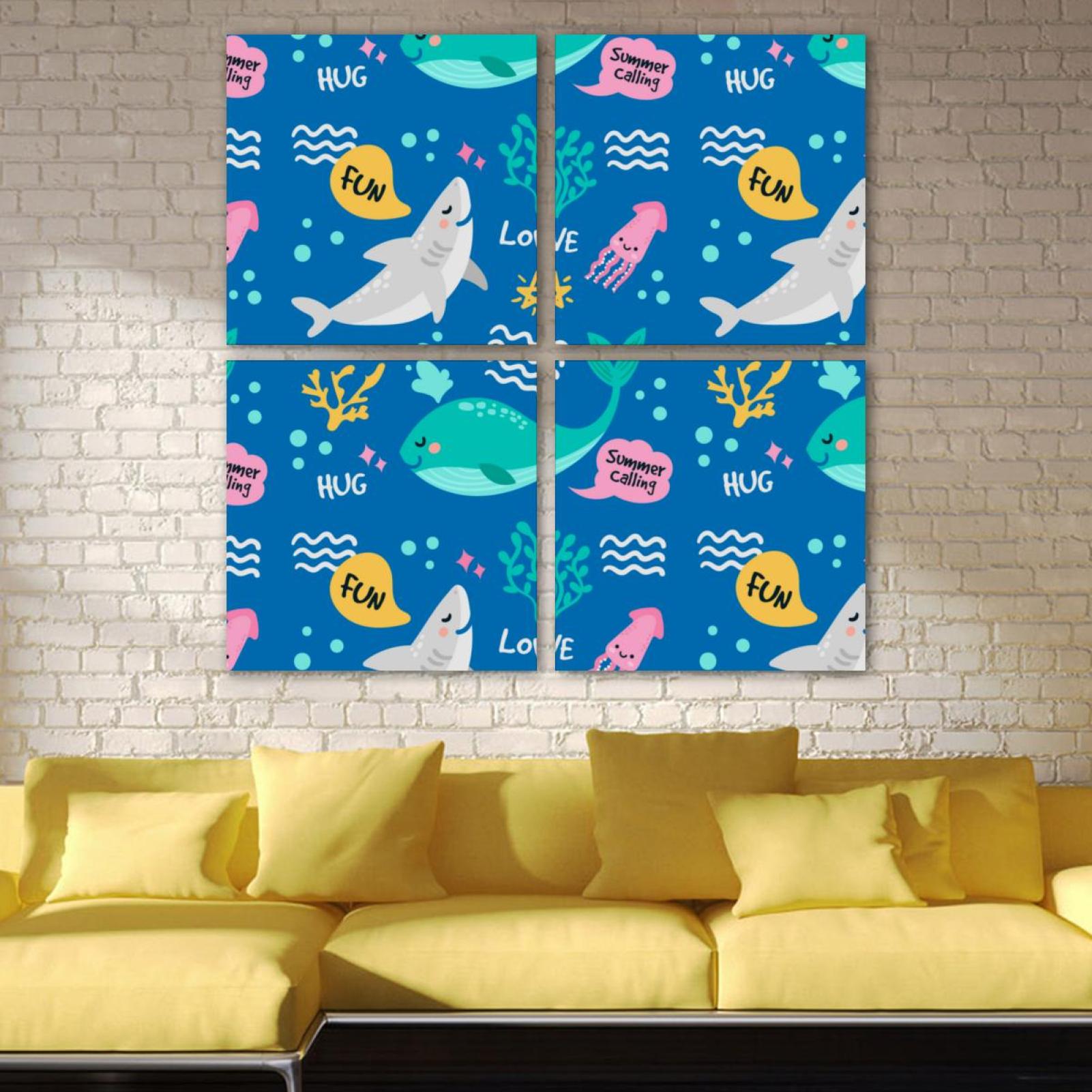 OWNTA Colorful Doodle Animals Words Pattern 4PC Frameless Canvas Wall ...