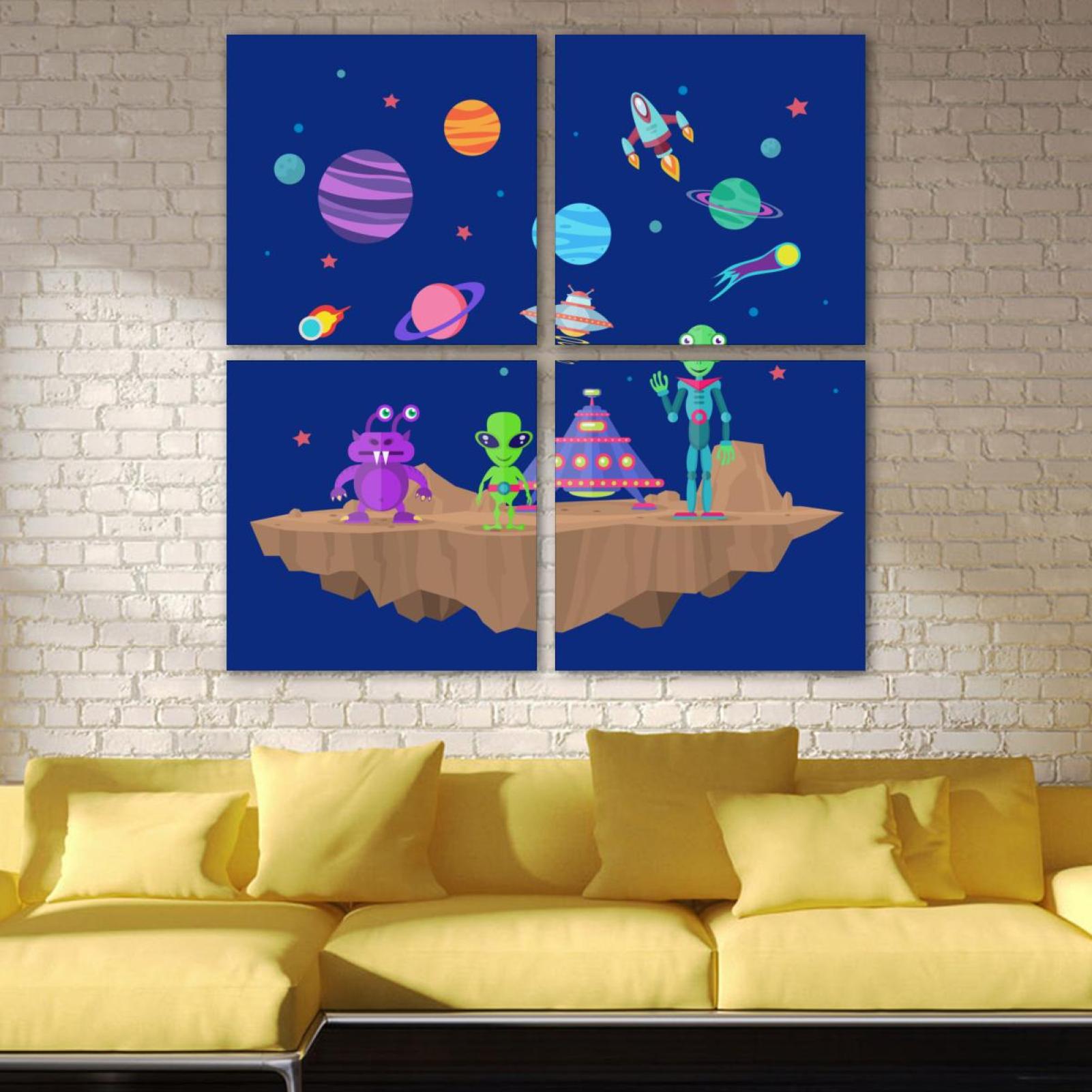 OWNTA Galaxy Planets Alien Rocket Pattern 4PC Frameless Canvas Wall Art ...