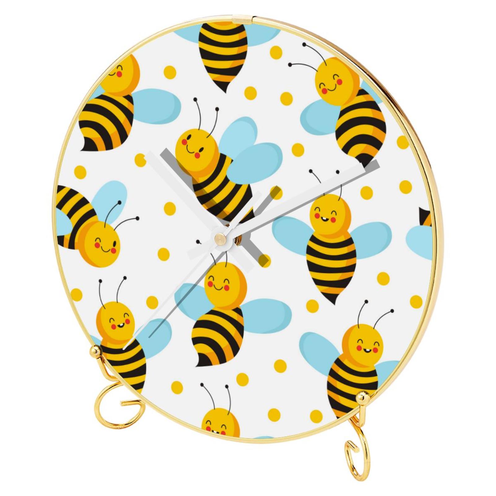 OWNTA Happy Bee Pattern Round Printed Wall Clocks with Hooks and Gold ...