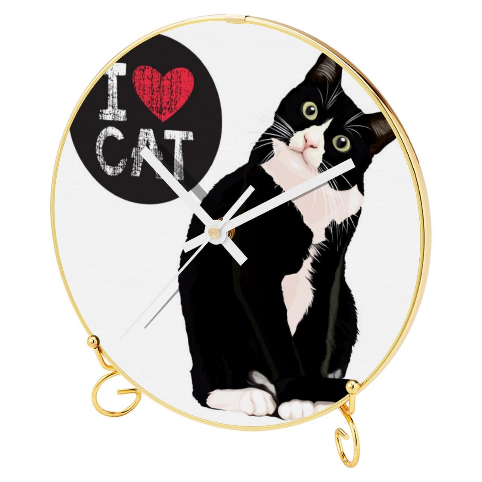 OWNTA I Love Cat Pattern Round Printed Wall Clocks with Hooks and Gold ...