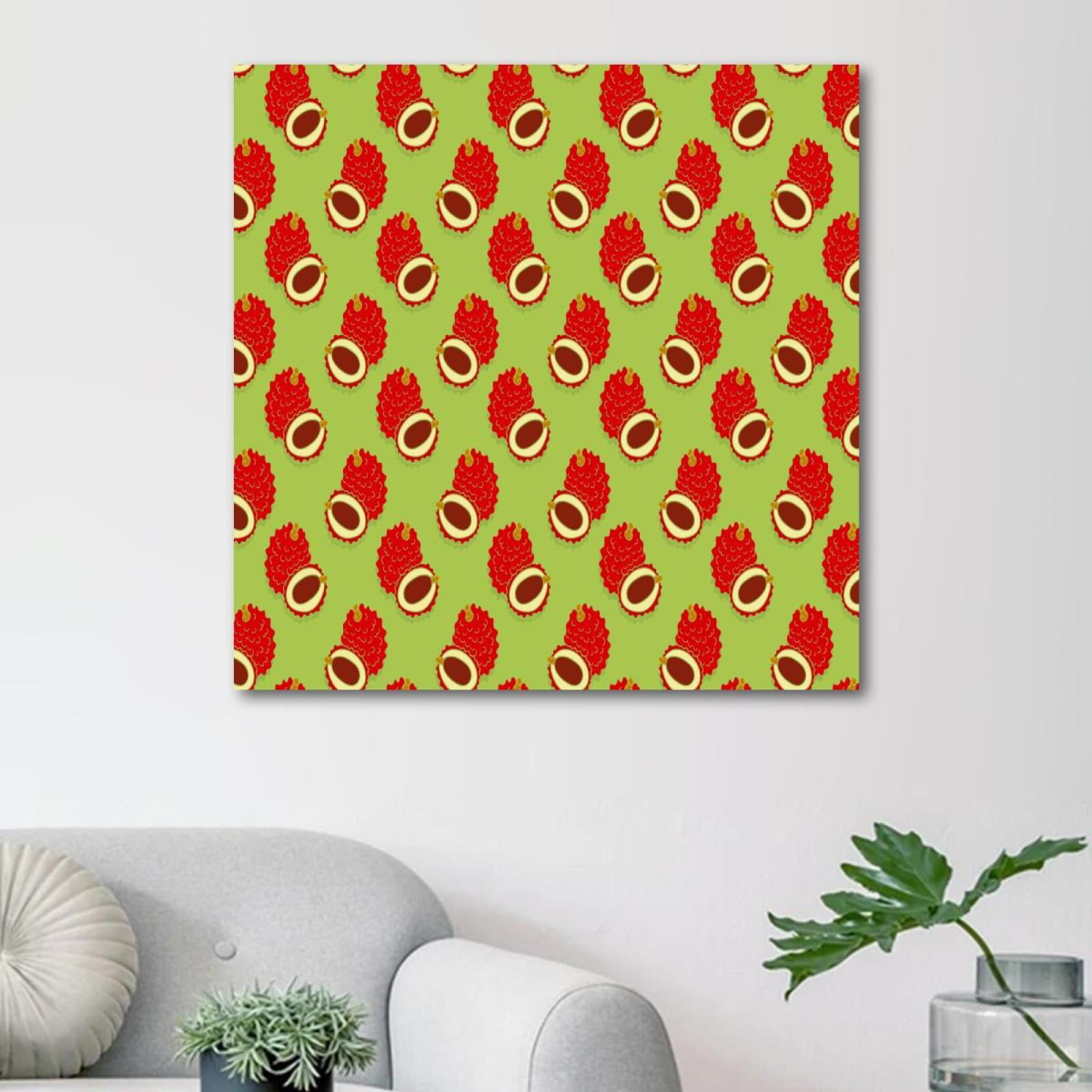 Ownta Lychee Fruits Pattern Green Background Pattern Canvas Wall Art