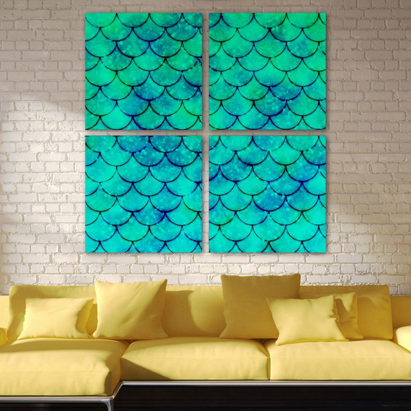 OWNTA Mermaid Green Scales Pattern 4PC Frameless Canvas Wall Art ...