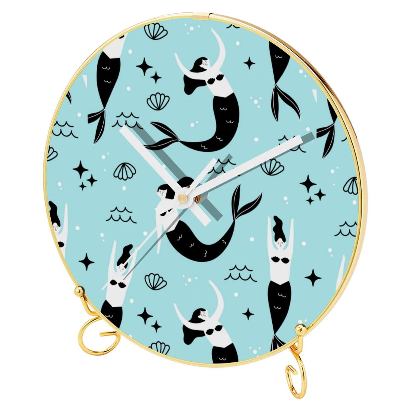 OWNTA Mermaid Pattern Round Printed Wall Clocks with Hooks and Gold ...