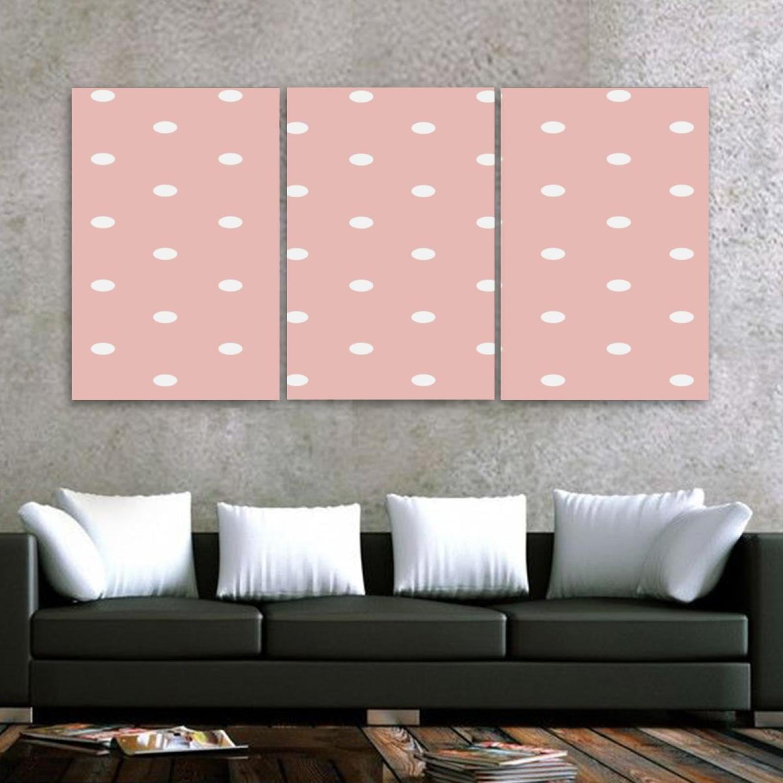 Ownta Pastel Pink White Polka Dot Pattern 3pc Frameless Canvas Wall Art