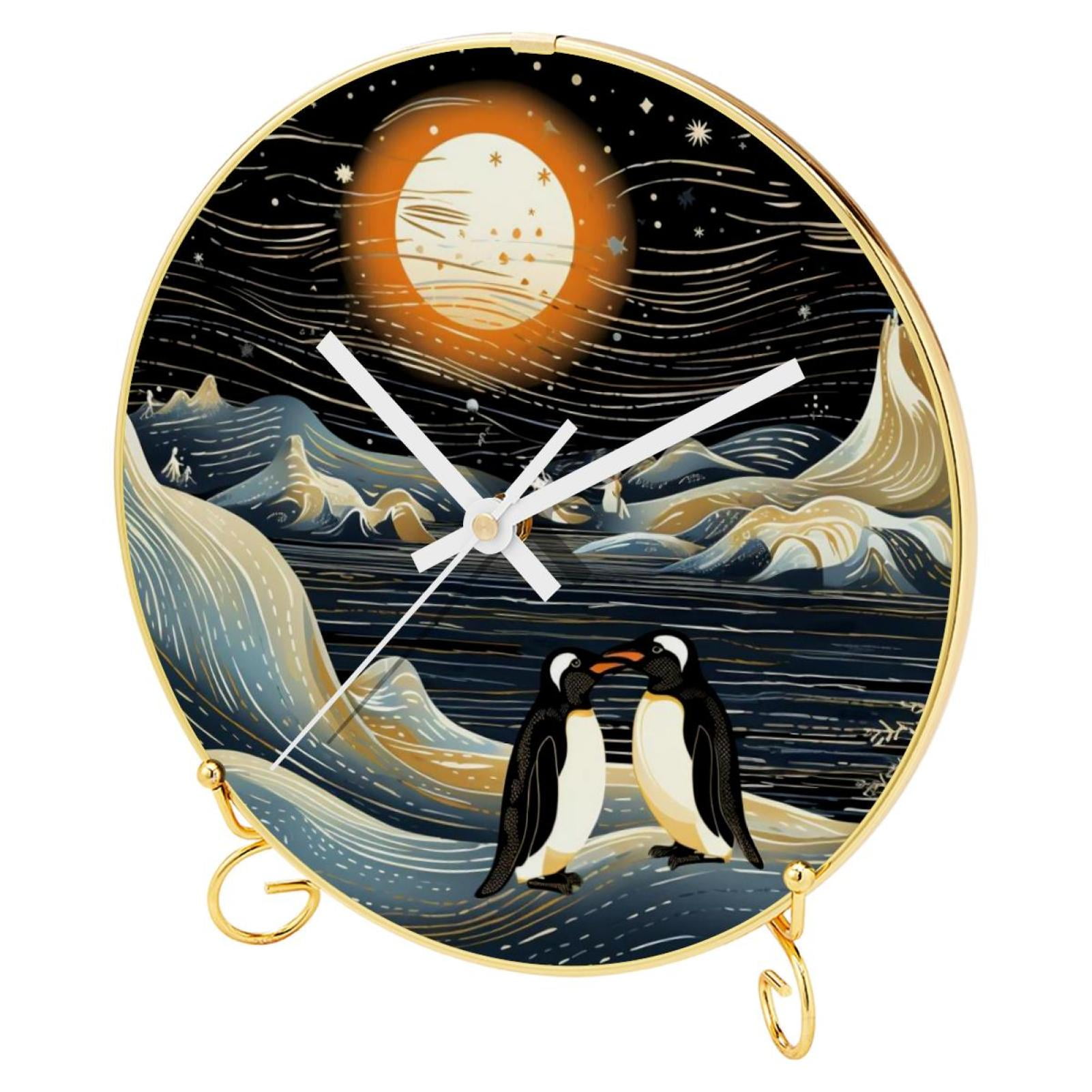 OWNTA Penguin Pattern Round Printed Wall Clocks with Hooks and Gold ...
