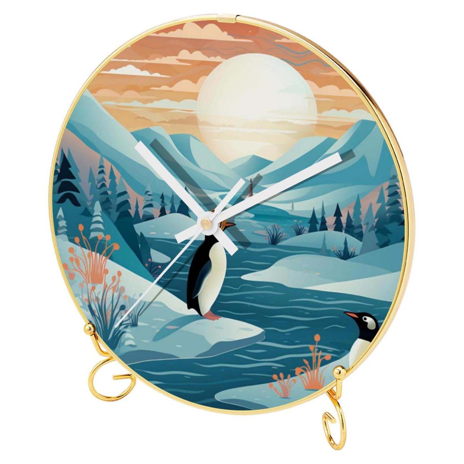 OWNTA Penguin Pattern Round Printed Wall Clocks with Hooks and Gold ...