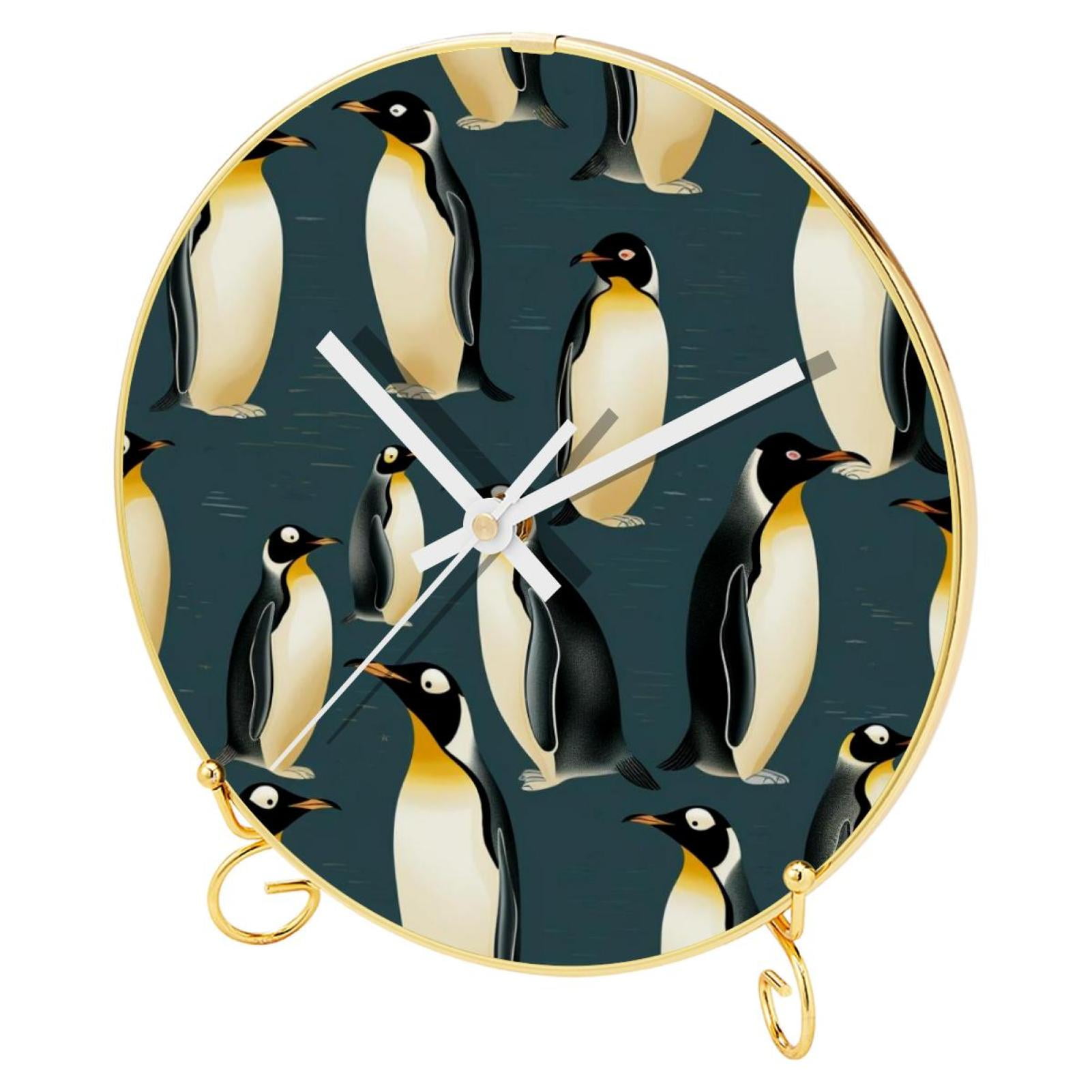 OWNTA Penguin Pattern Round Printed Wall Clocks with Hooks and Gold ...