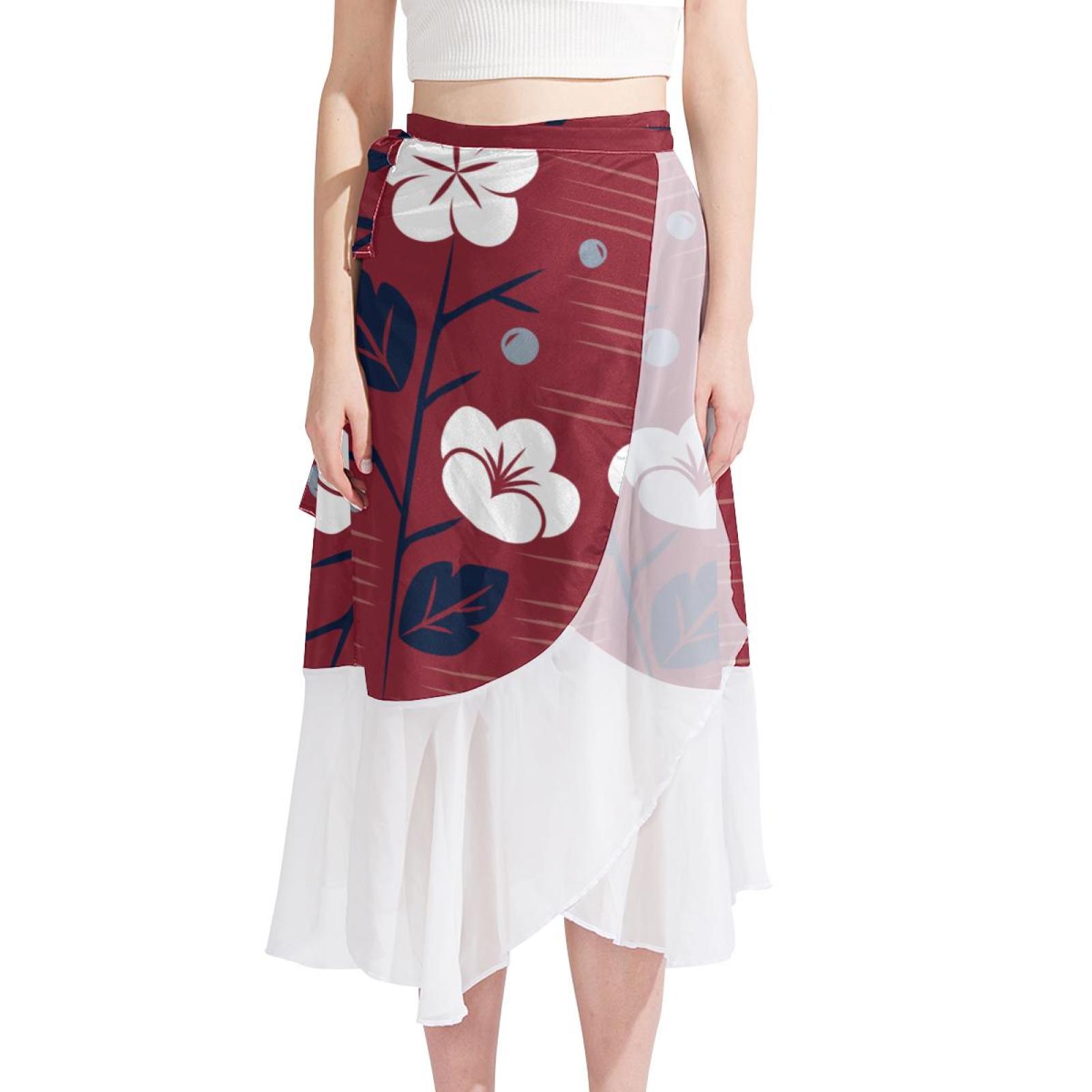 OWNTA Red Japanese Style Floral Pattern Stunning Chiffon Beach Skirts: Women's Breathable and ...