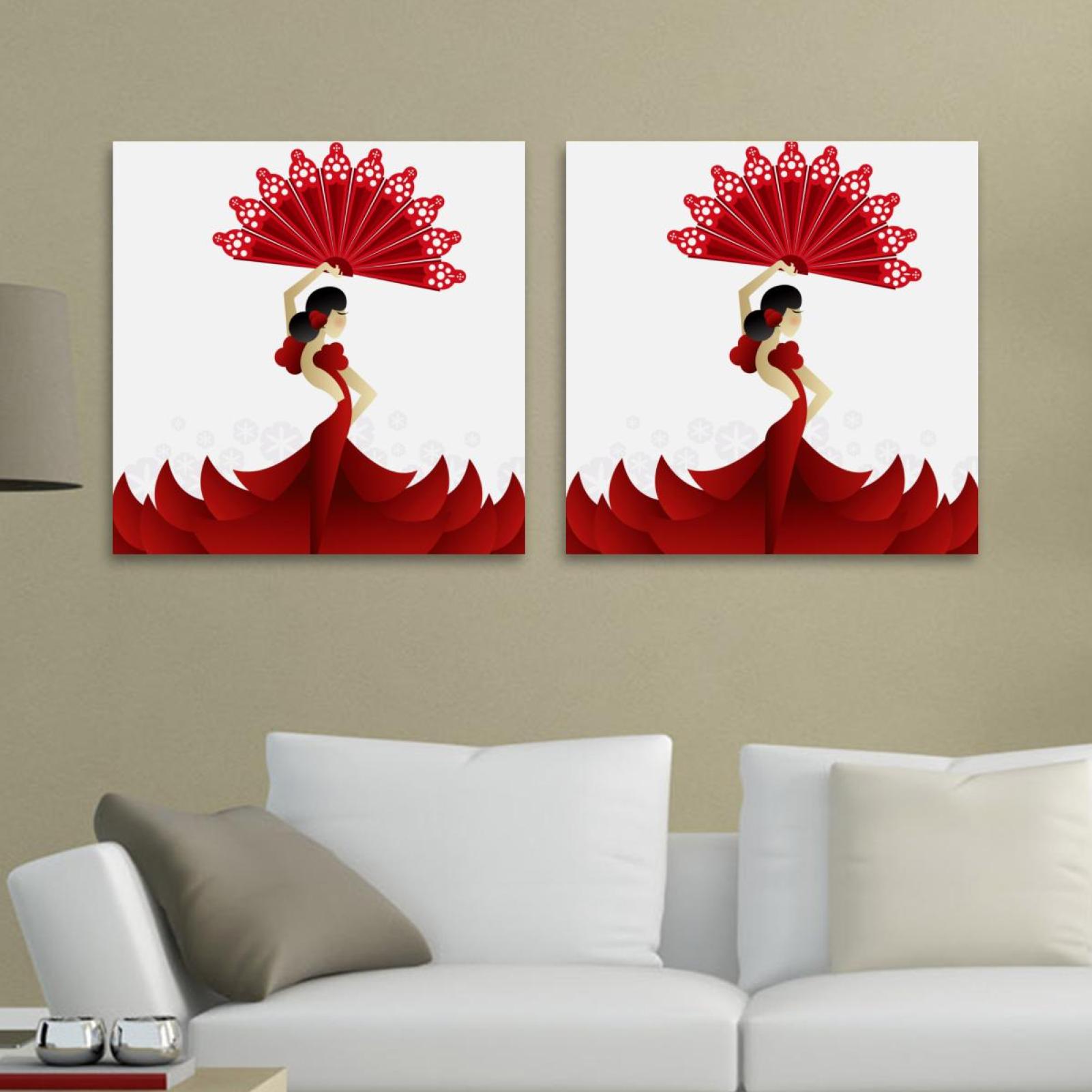 OWNTA Red Spanish Dancer with Fan Pattern 2PC Canvas Wall Art Paintings ...