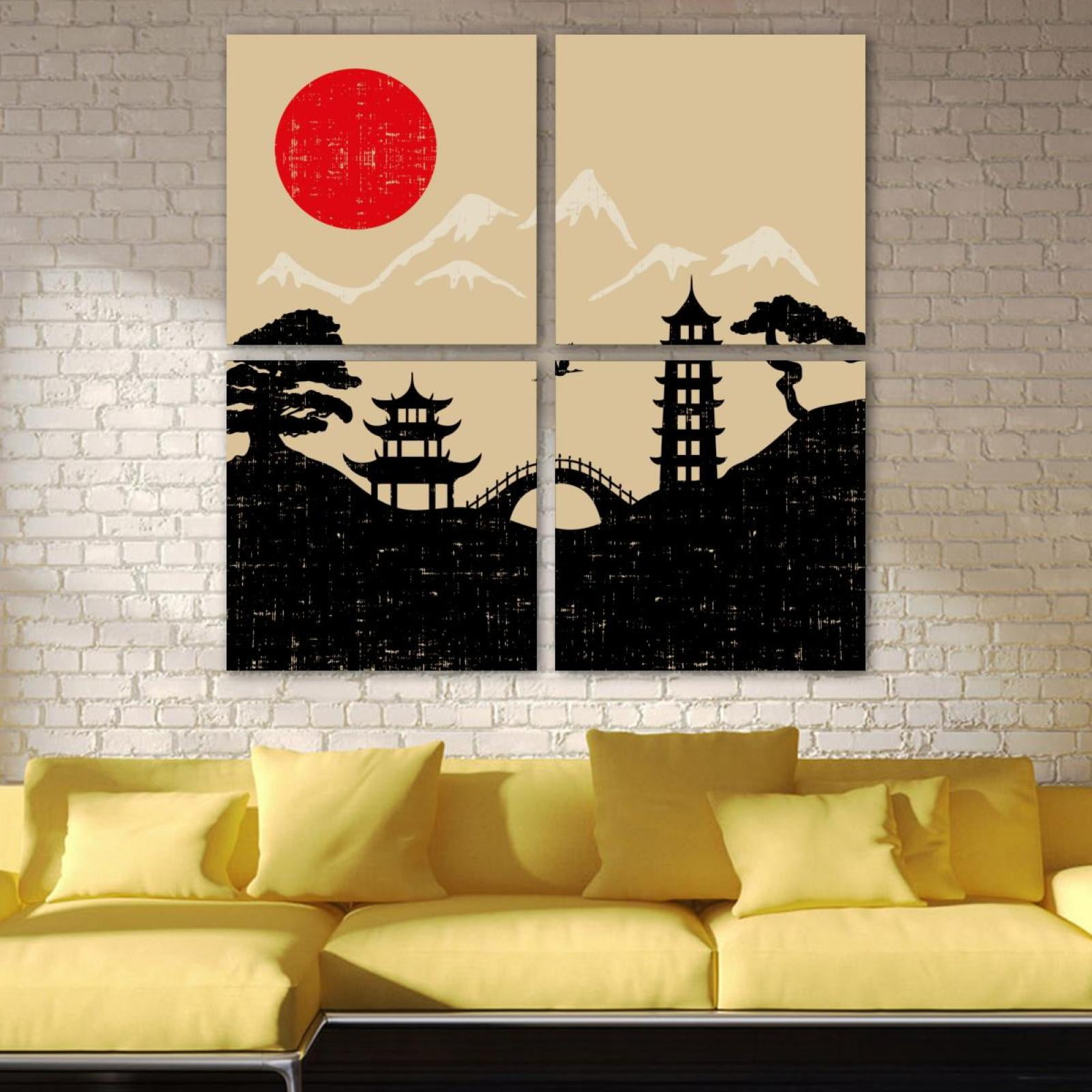 OWNTA Retro Japan Temple Landscape Pattern 4PC Frameless Canvas Wall ...
