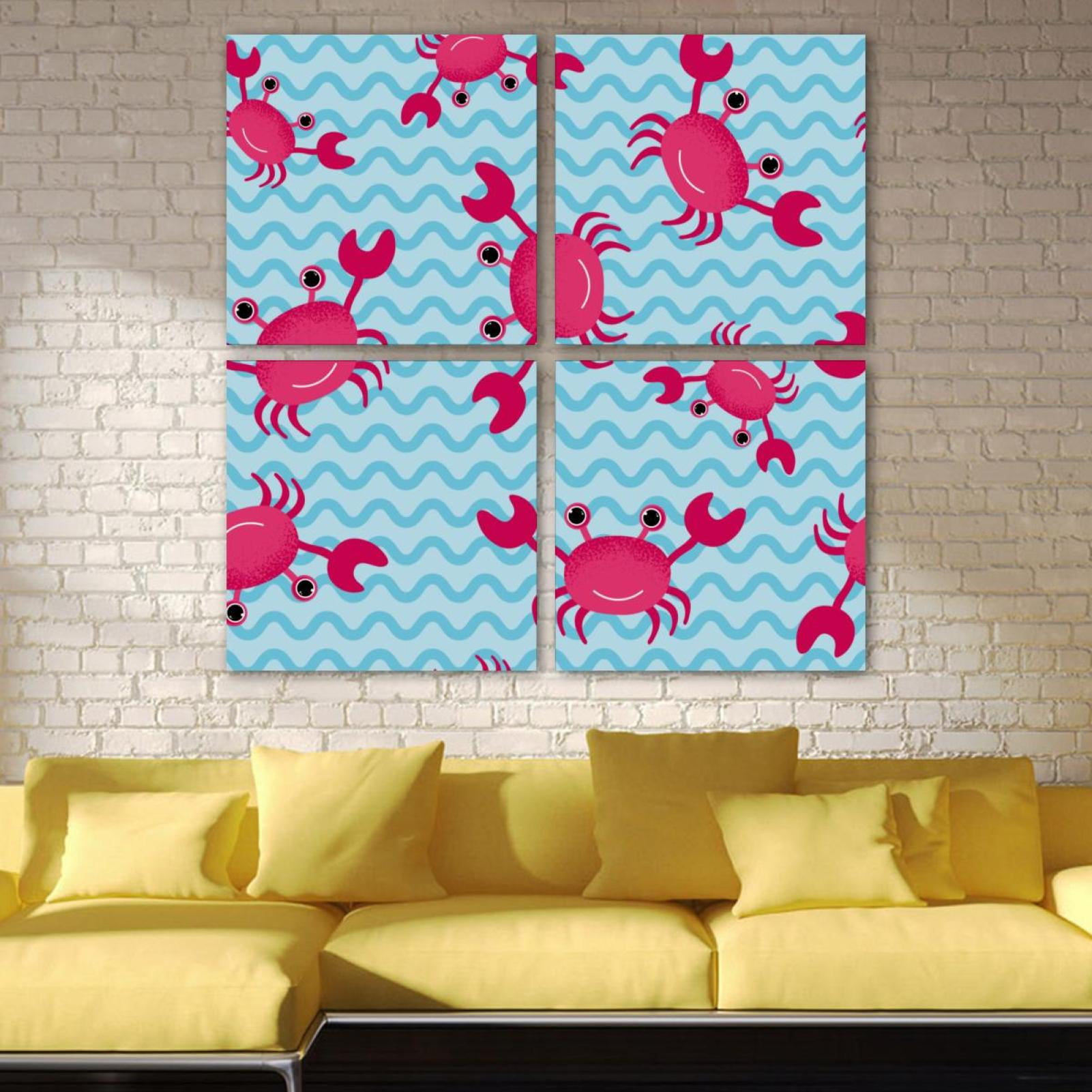 OWNTA Rosy Funny Crabs Pattern Blue Wave Pattern 4PC Frameless Canvas Wall Art Paintings for ...