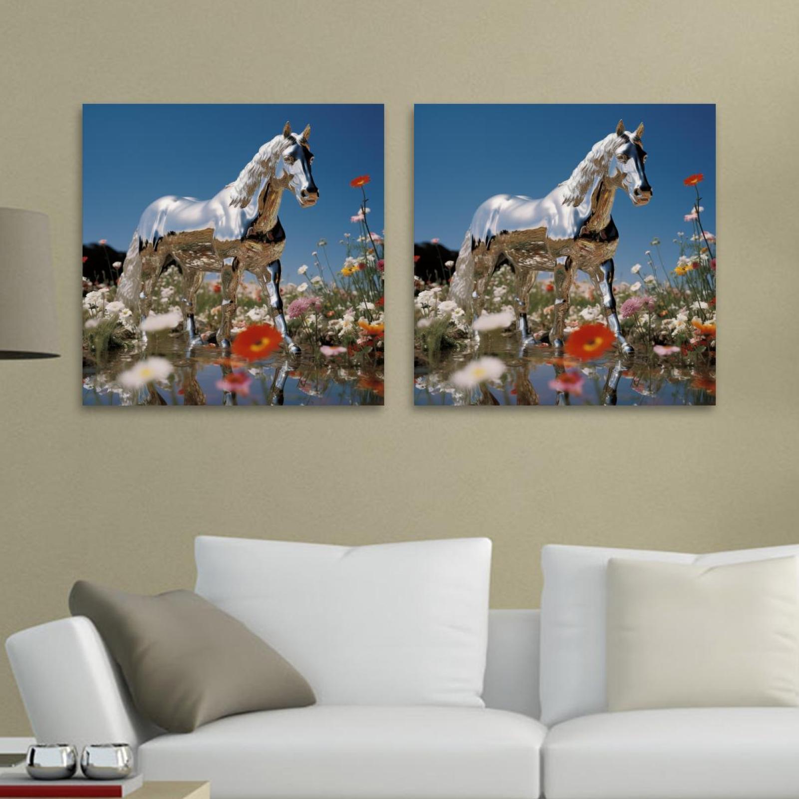 OWNTA Silver Horse Pattern 2PC Canvas Wall Art Paintings for Living ...
