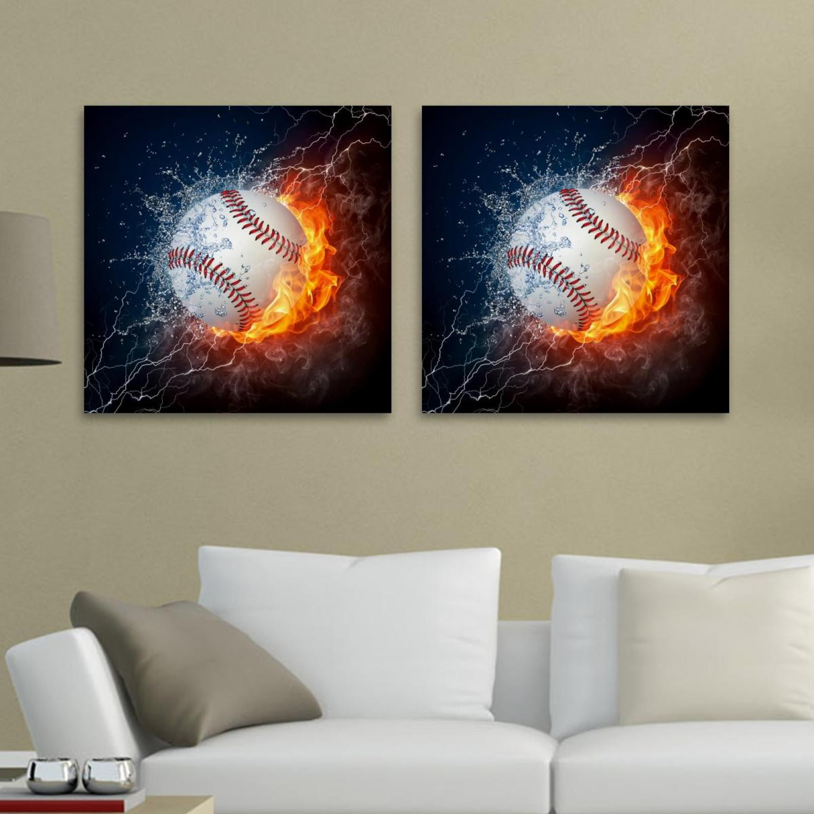 OWNTA Sports Baseball on Fire and Ice Pattern 2PC Canvas Wall Art ...