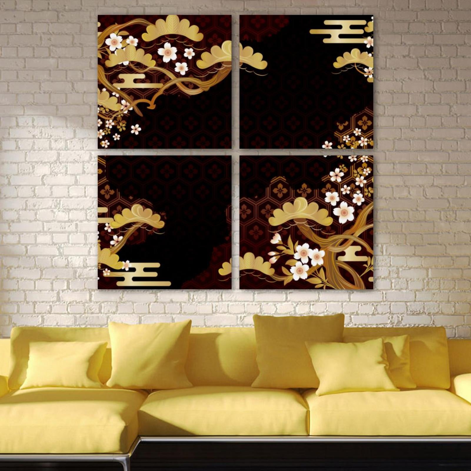 OWNTA Traditional Japanese Tree Flower Pattern 4PC Frameless Canvas ...