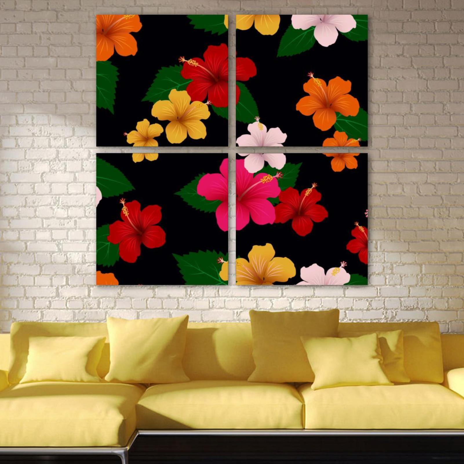 Ownta Tropical Flora With Hibiscus Flowers Leaves Pattern 4pc Frameless