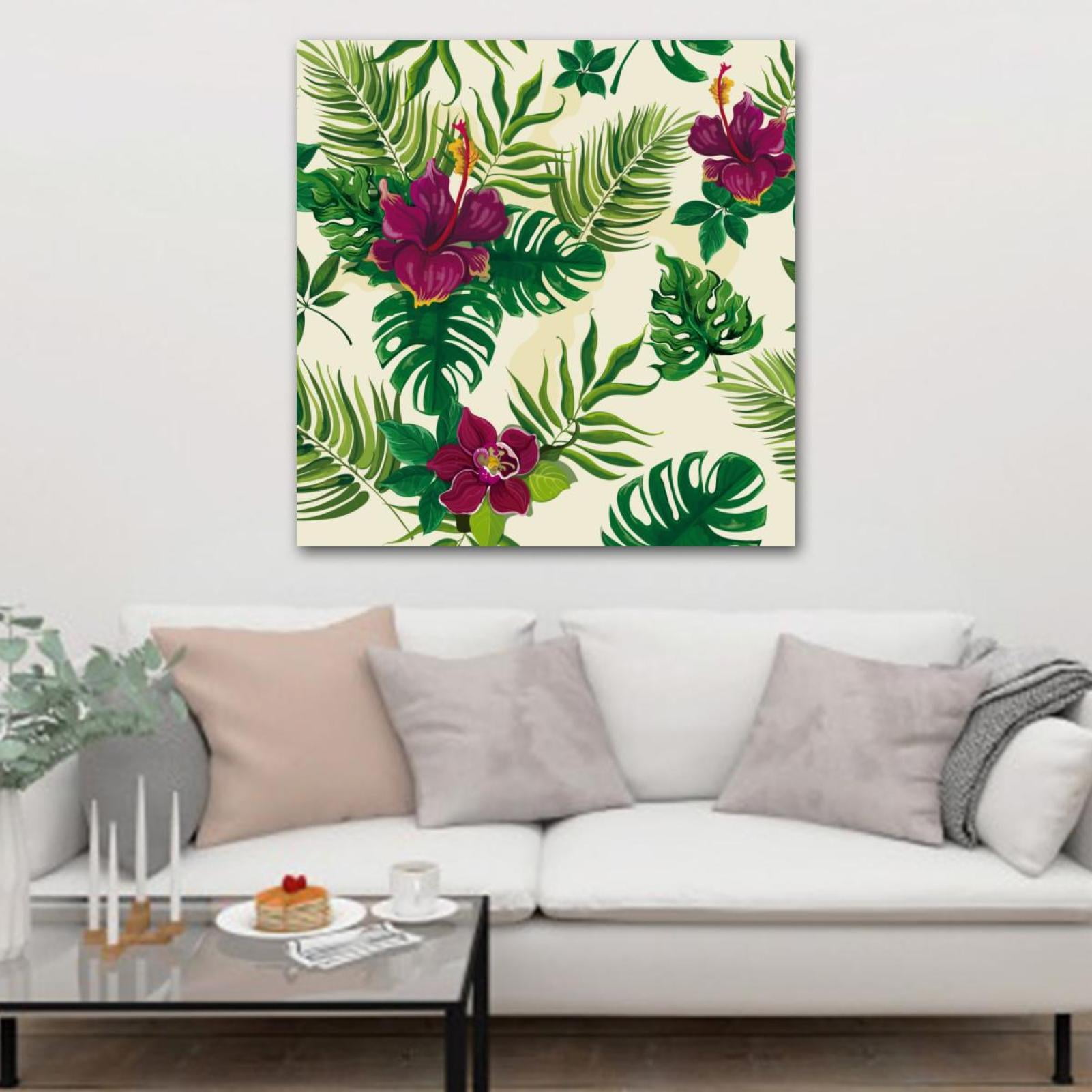 Ownta Tropical Plants Rosy Flowers Leaves Pattern Canvas Wall Art