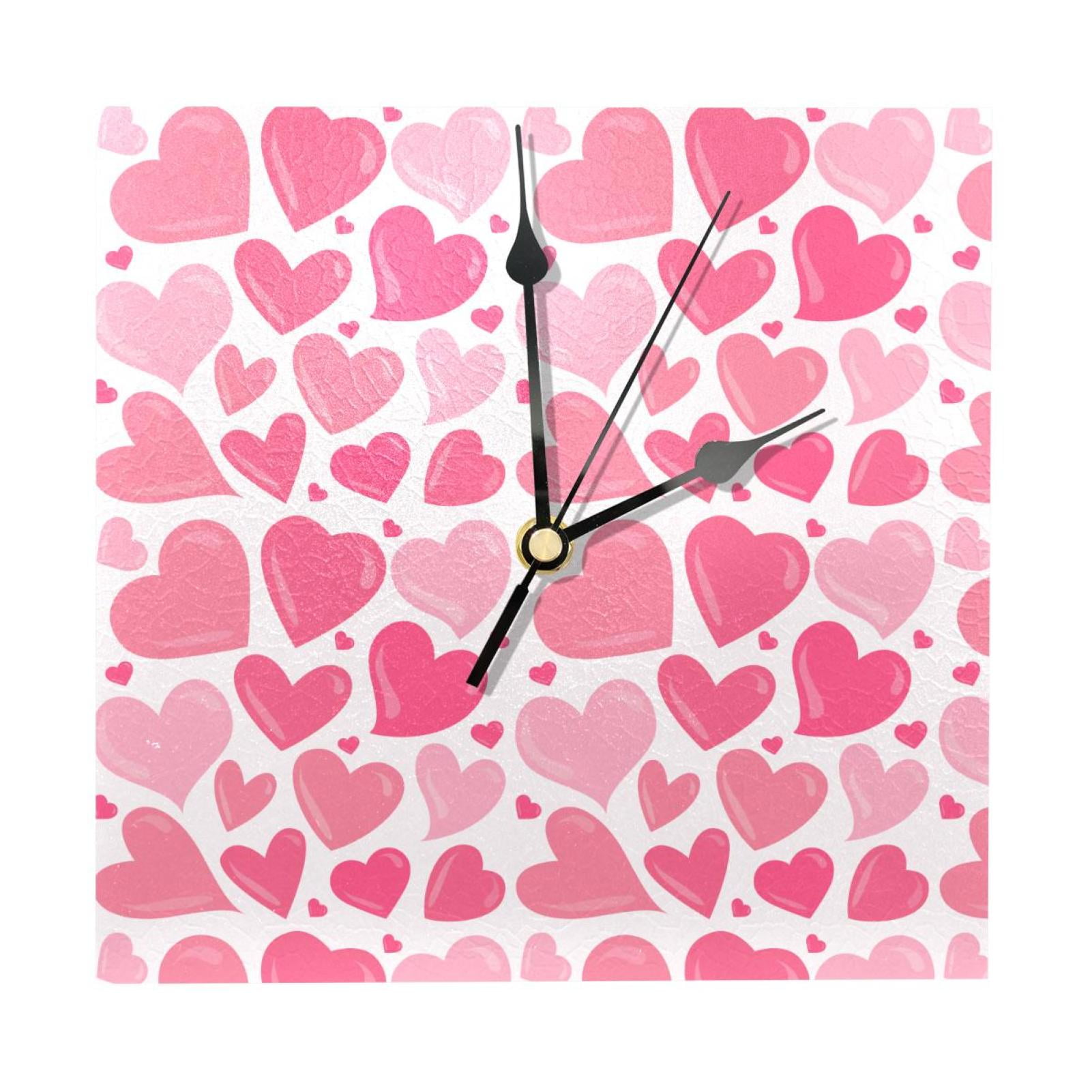 OWNTA Valentine's Day Pink Love Heart Pattern Wood Square Wall Clock, 7 ...