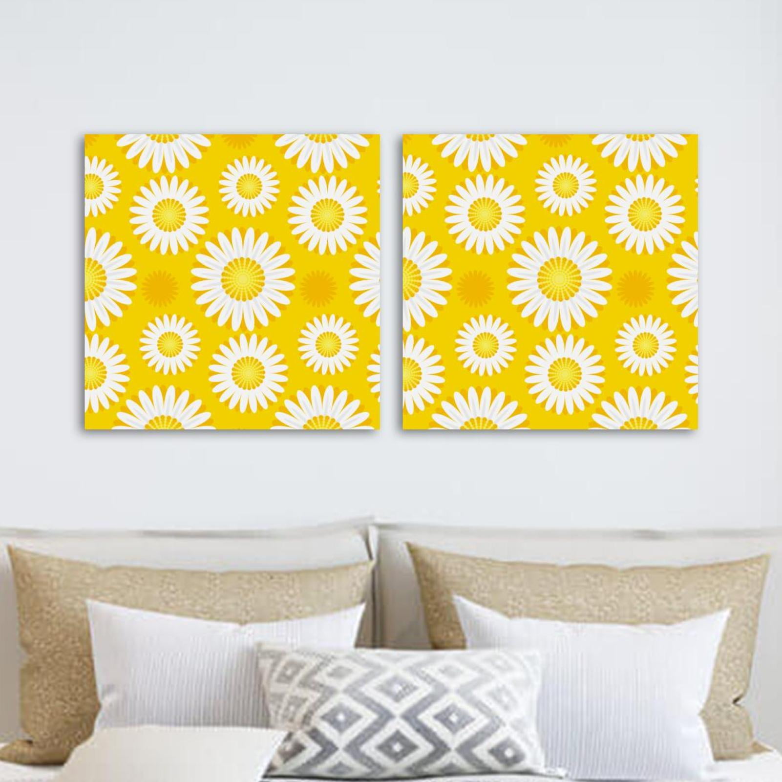 Ownta White Flowers Daisy Yellow Background Pattern 2pc Canvas Wall Art