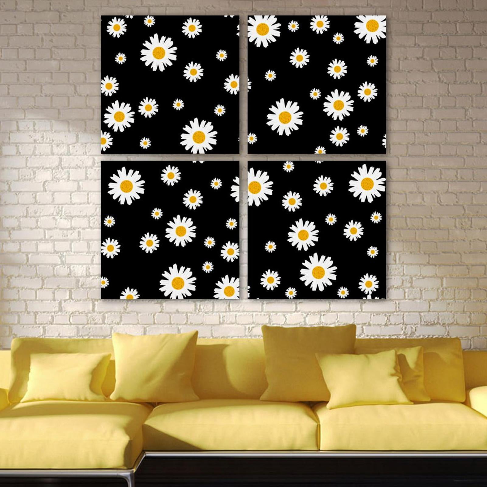 Ownta White Yellow Daisy Flower Black Pattern 4pc Frameless Canvas Wall