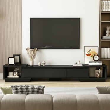 85 Inch TV Stand with Storage Drawer and Open Shelves, Modern White ...