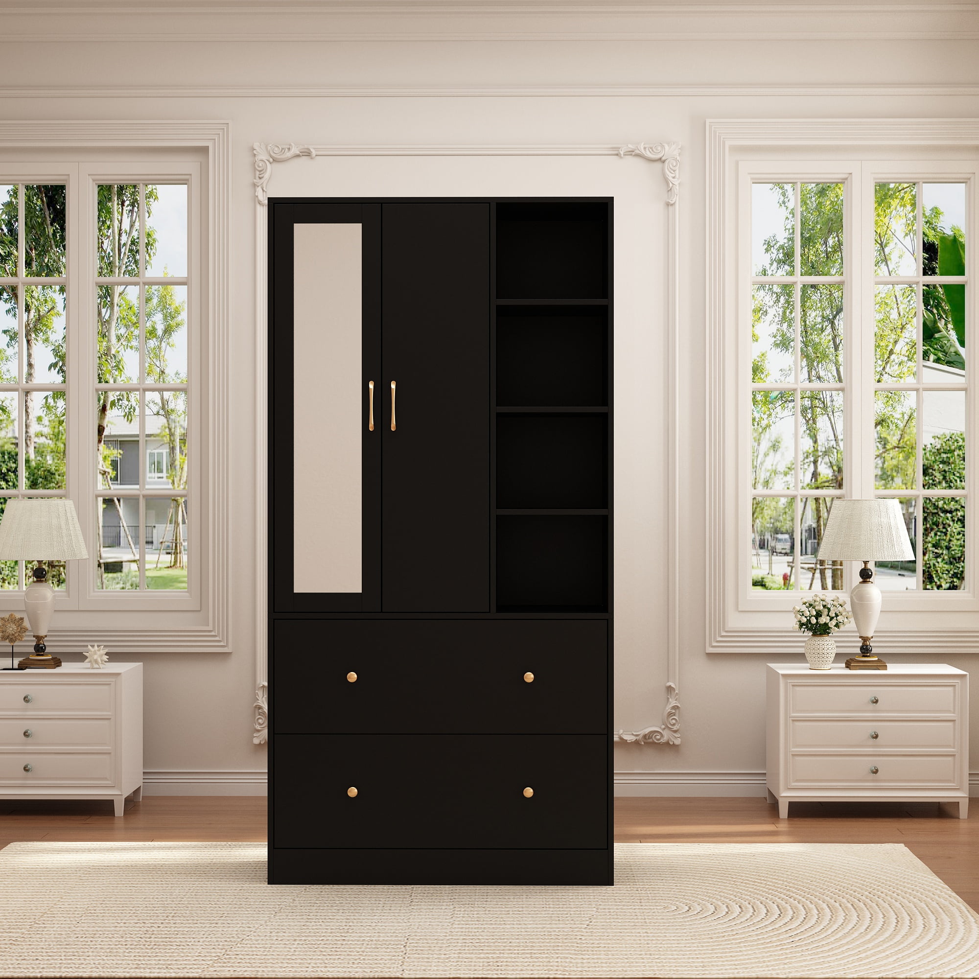 OxyLife 2 Door Wardrobe Armoire Closet with Drawers, Telescopic Rod and ...