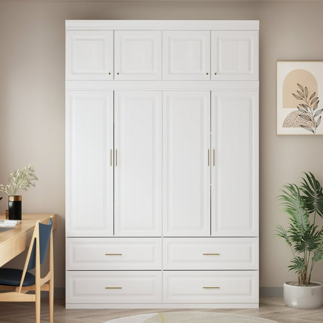 "OXYLIFE Wooden 4-Door Wardrobe Armoire, Hutch, Shelves, Drawers, Rod ...