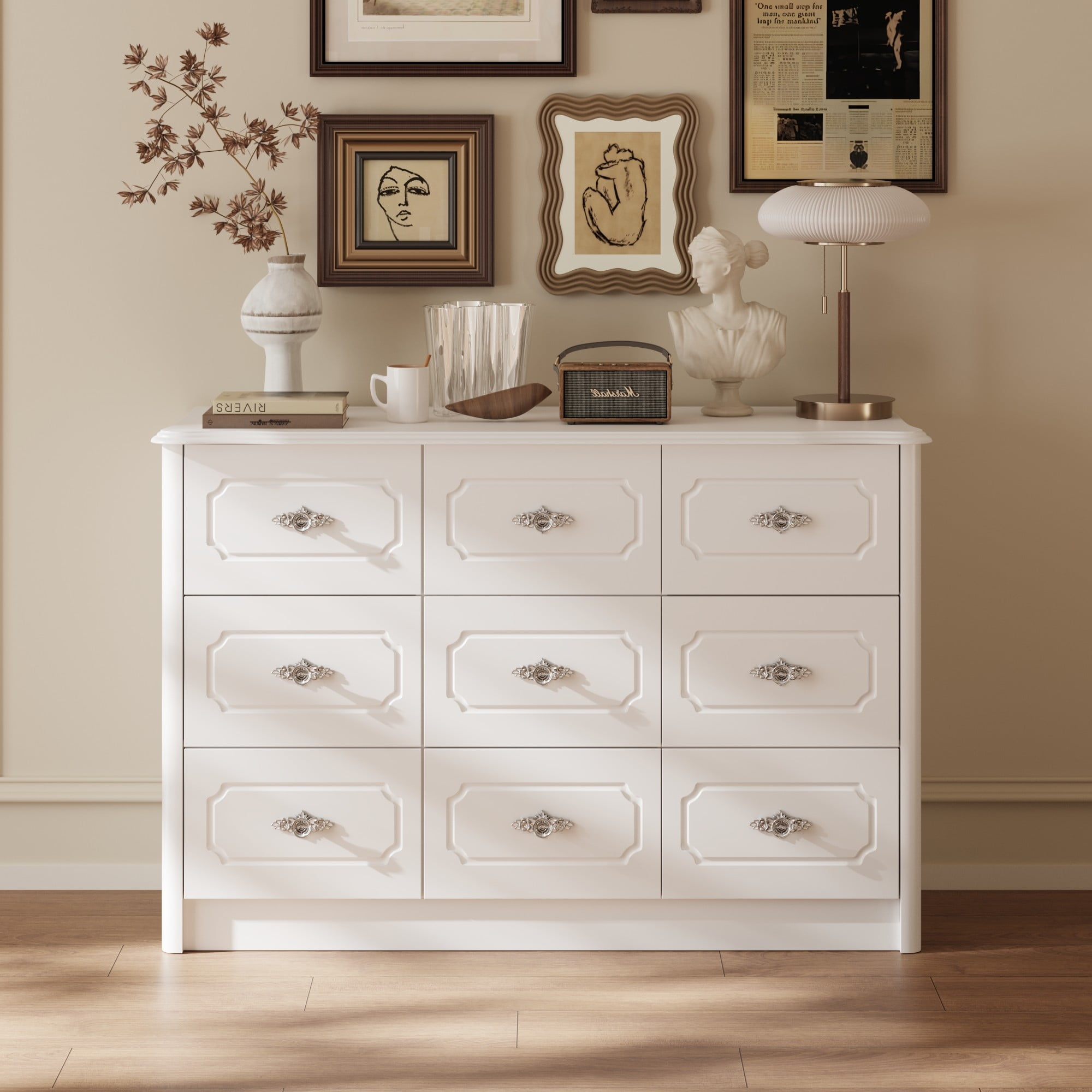 OXYLIFE 47 Inch Dresser Storage Cabinet with 9 Drawers & Silver Metal ...