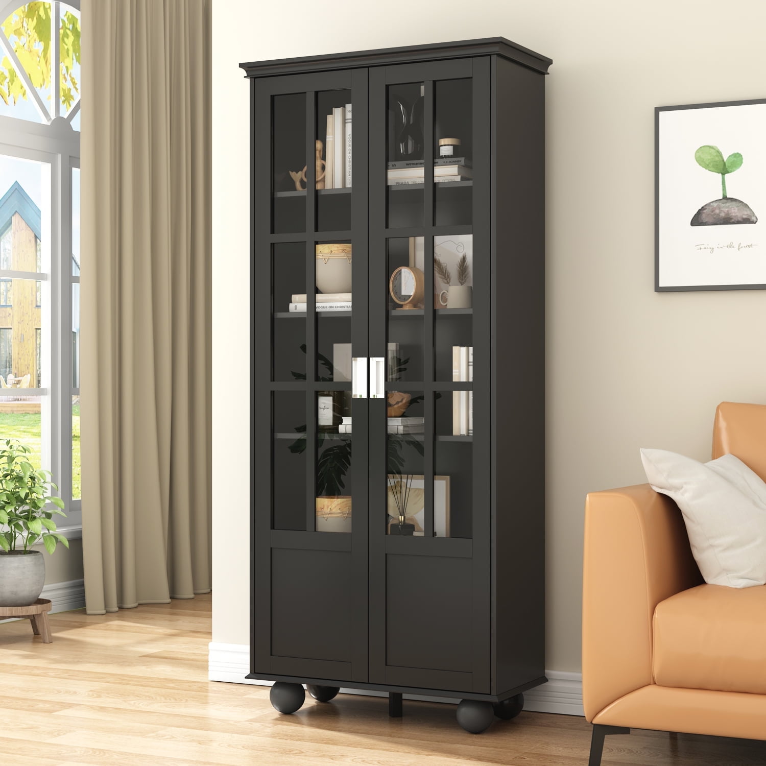 OXYLIFE 5-Tier Tall Black Bookcase, Solid Wood with Acrylic Doors, Home ...