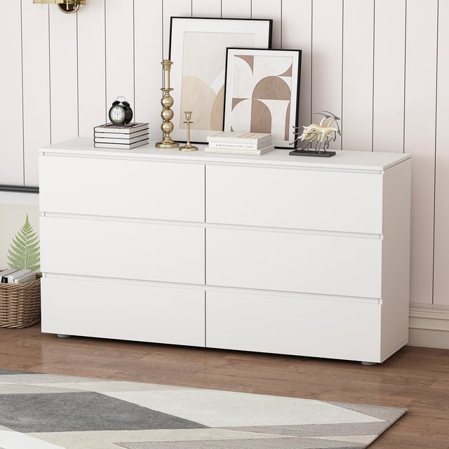 OXYLIFE 6-Drawer Double Dresser, White Wood Storage Unit for Bedroom ...