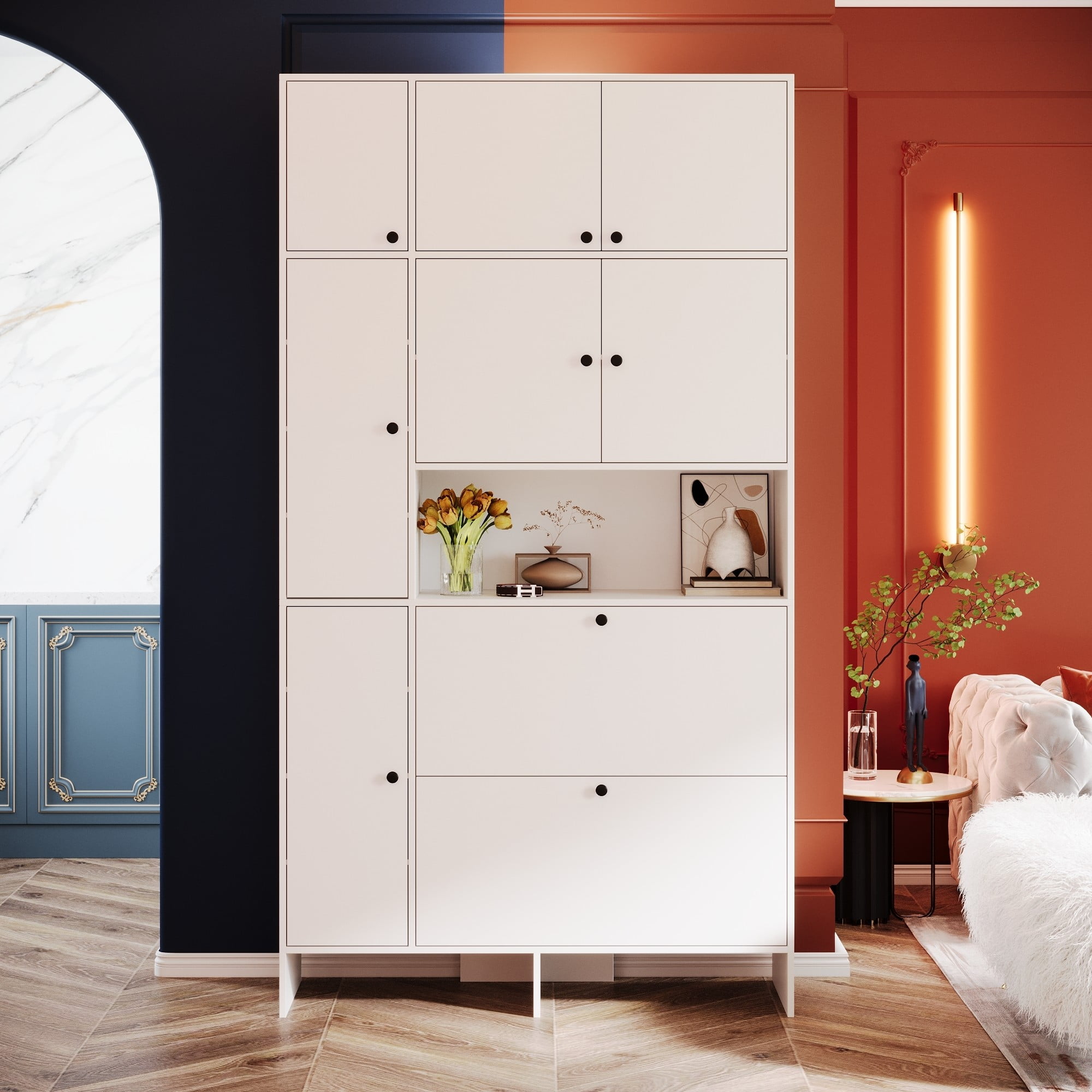 OXYLIFE 9-Door Wardrobe Armoire with Drawers, Telescopic Rod, Shelves ...