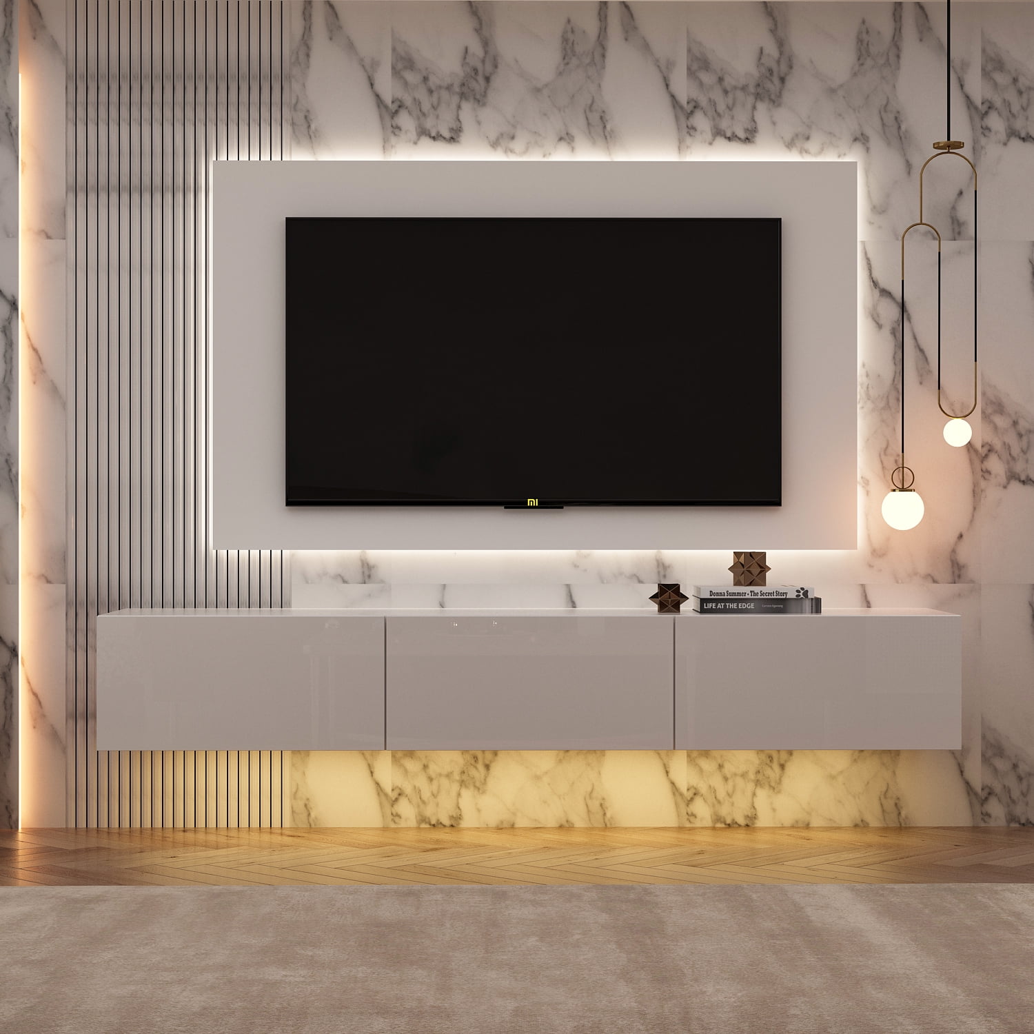 OXYLIFE Floating LED TV Stand, Wall Mounted Media Console with Drawers ...
