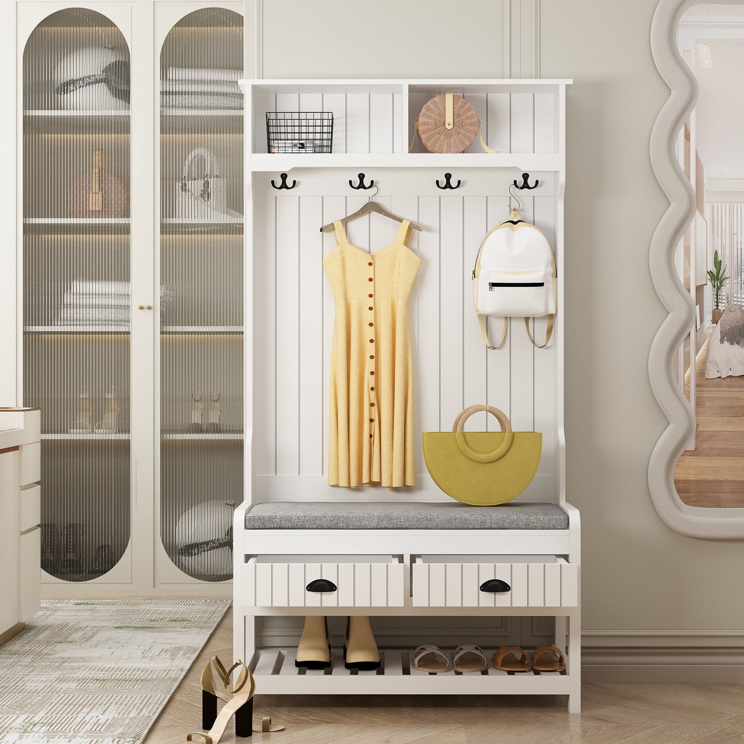 OxyLife White Hall Tree, Storage Bench, Coat Rack, Entryway Organizer ...